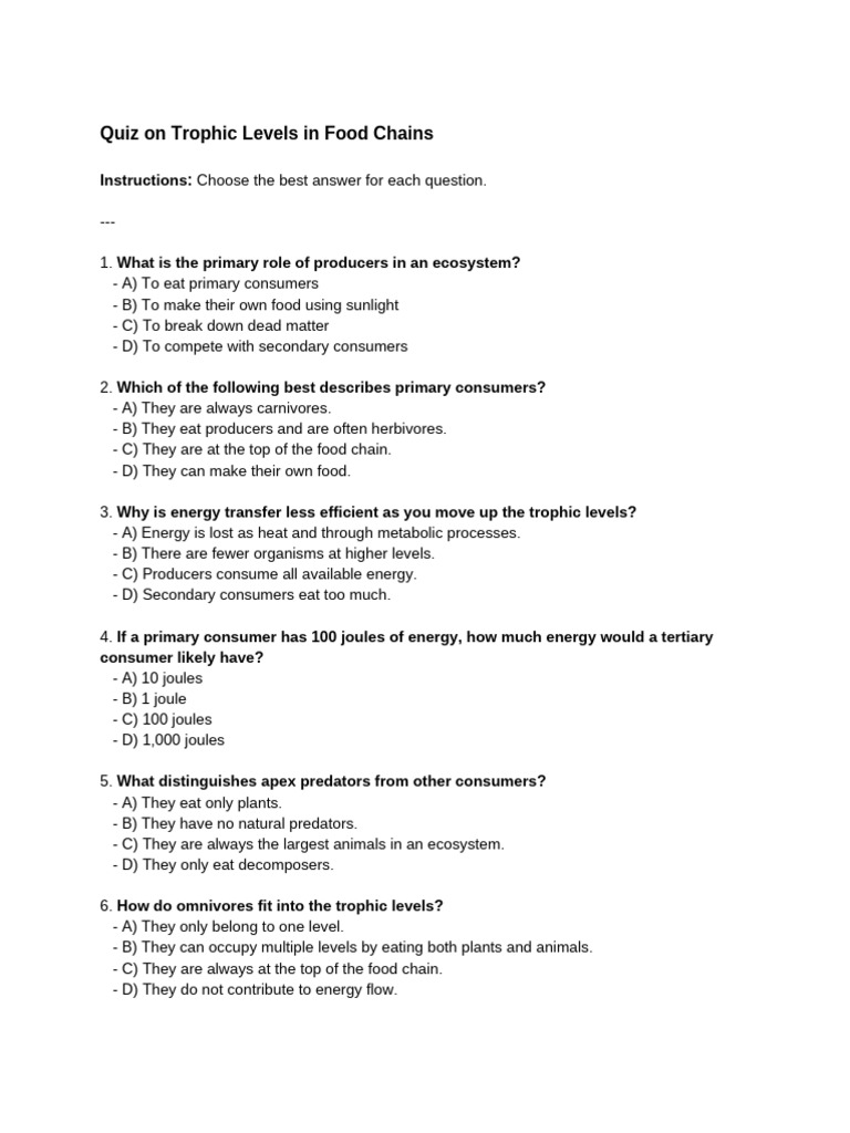 Grade Level 7 - Quiz On Trophic Levels in Food Chains | PDF | Herbivore ...