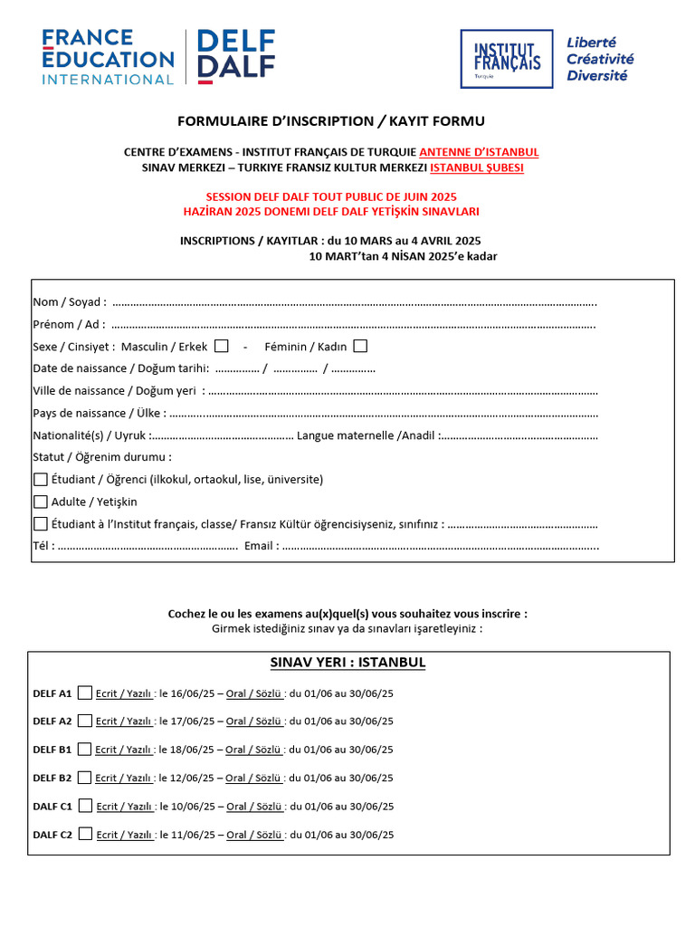 Formulaire Dinscription DELF DALF Tout Public Juin 2025 | PDF