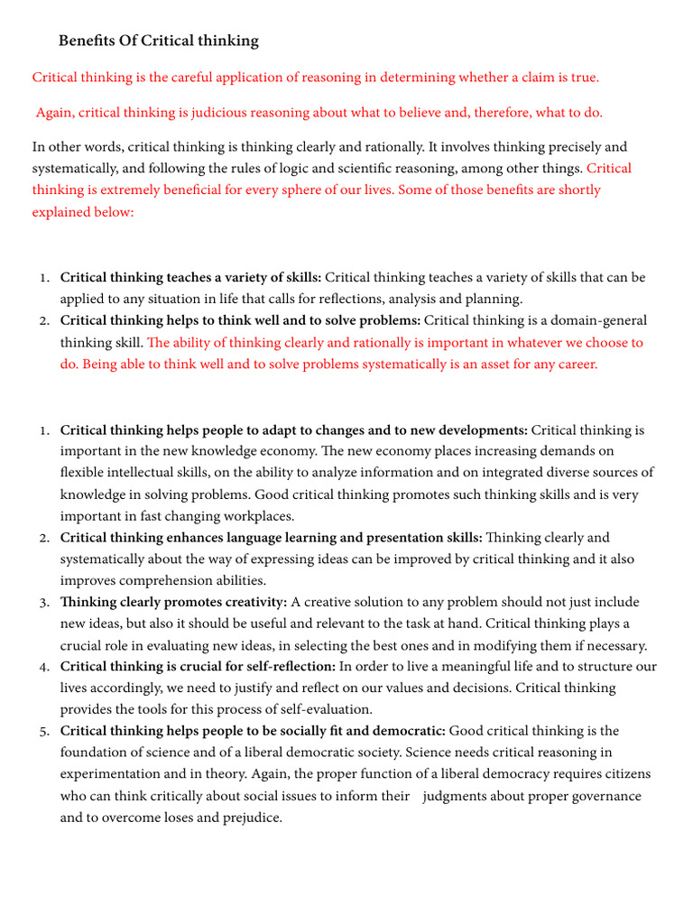 Benefits of Critical Thinking Skills - Doc - 20250429 - 195115 - 0000 | PDF | Critical Thinking ...