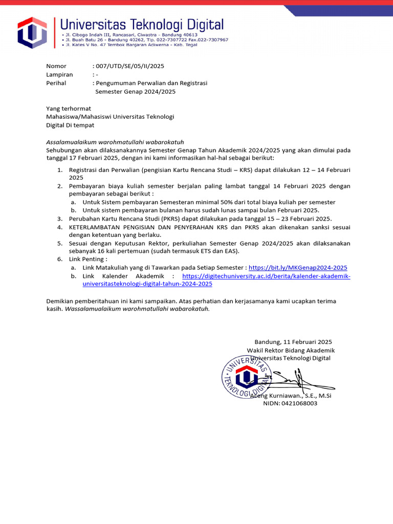 Surat Edaran Perwalian Semester Genap 2024 2025 - Mahasiswa | PDF