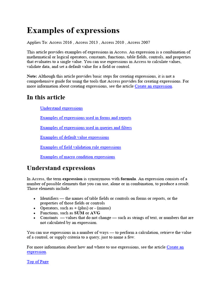 Access Expression Examples and Usage | PDF | Sql | Computer Programming