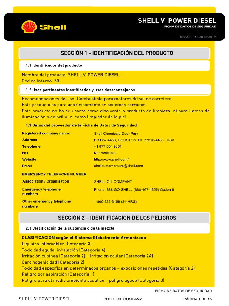 Ficha de Seguridad Shell V-Power Diesel | PDF | Química
