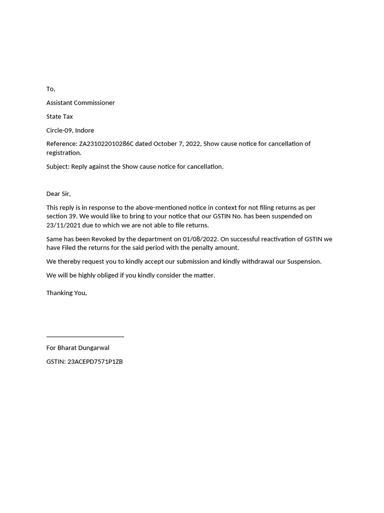 Reply to Show Cause Notice for GST Cancellation | PDF