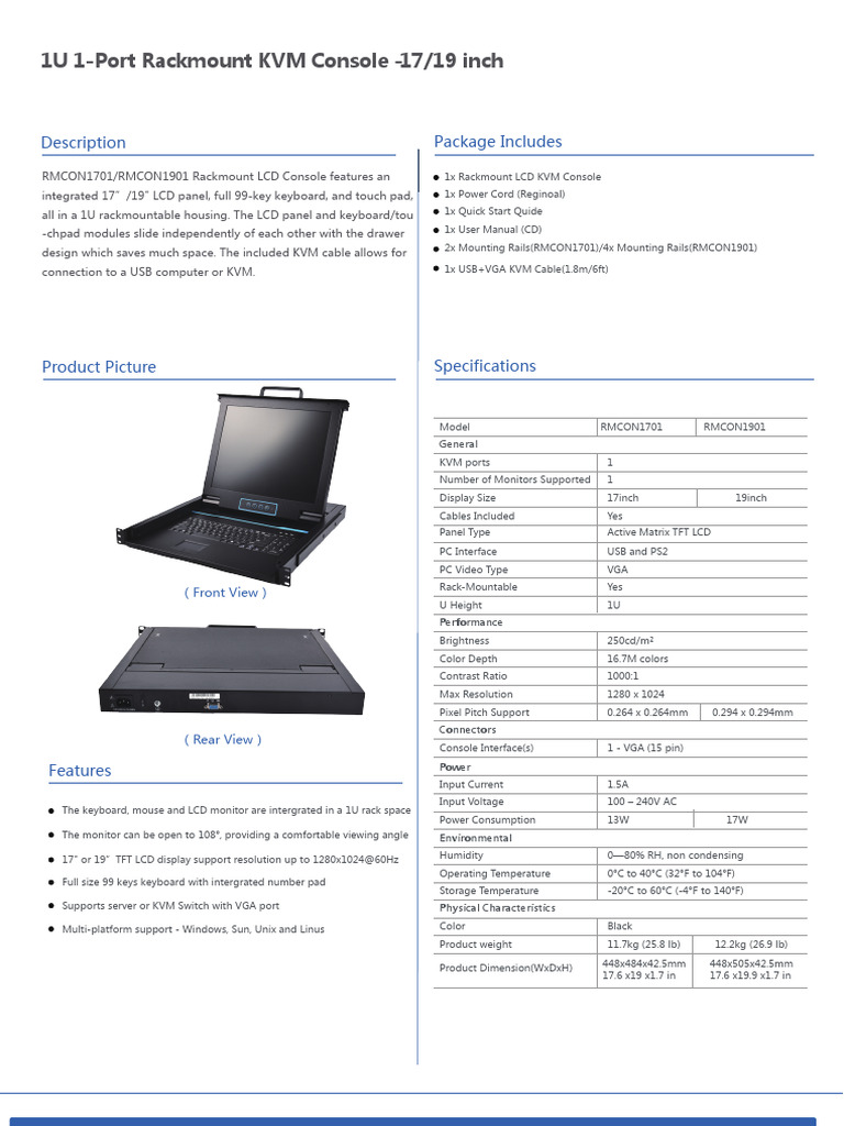19 Inch Rack Console Datasheet | PDF | Computer Monitor | Liquid ...