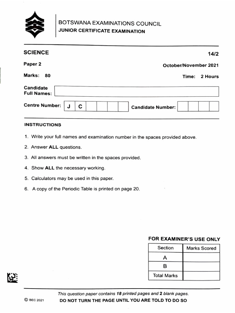 2021 JCE Science Paper 2 | PDF | Mirror | Water