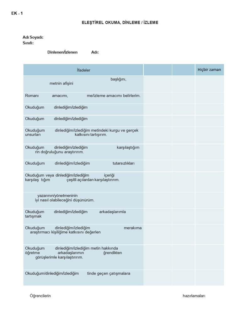 Ek1 - Okuma Di̇nleme Formu | PDF