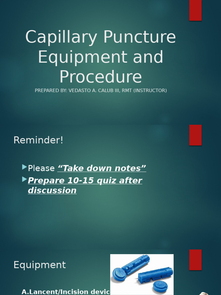 Capillary Puncture Equipment and Procedure | PDF | Blood | Hematology