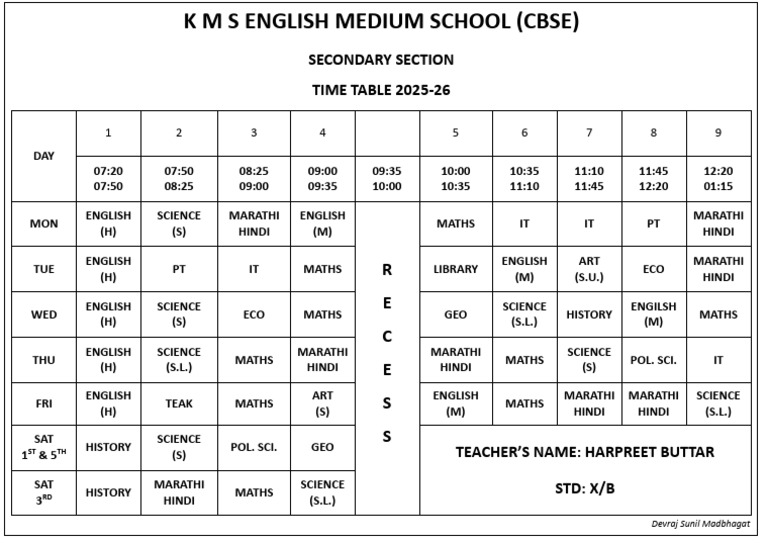 K M S ENGLISH MEDIUM SCHOOL Time Table | PDF