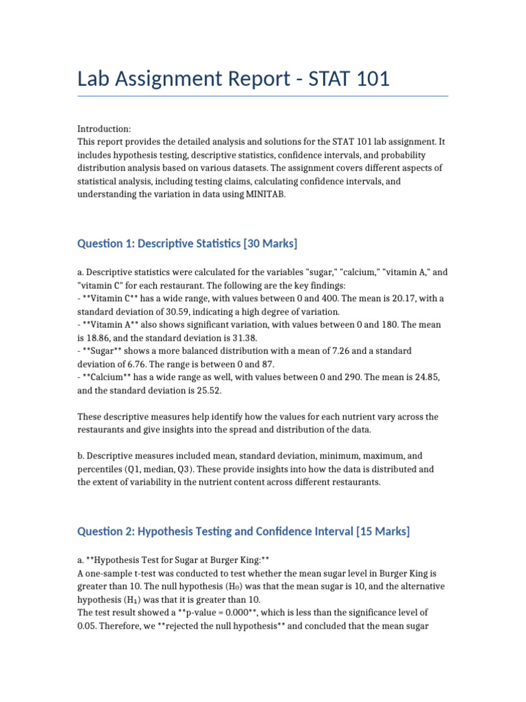 STAT 101 Lab Assignment Report Updated | PDF | P Value | Statistics