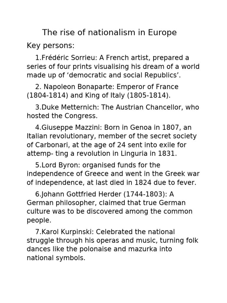 The Rise of Nationalism in Europe.1 Key Persons | PDF