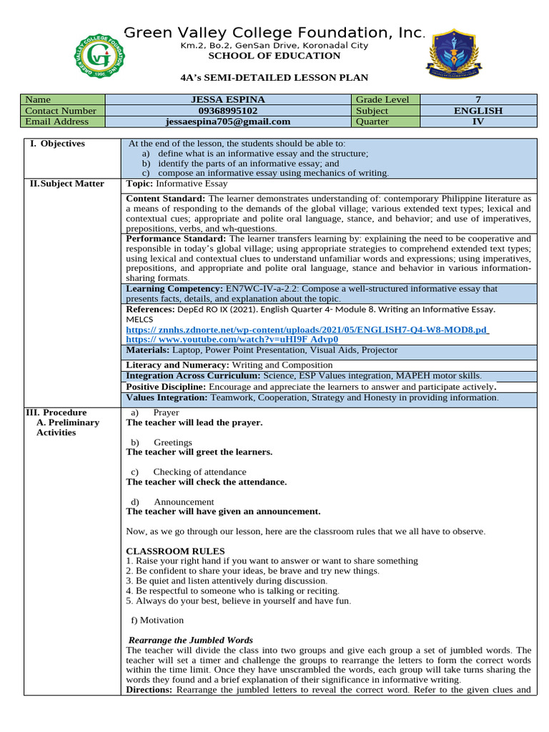 Espina, Jessa BSED-ENG 2ND YR 4As-Lesson-Plan | PDF | Essays | Learning