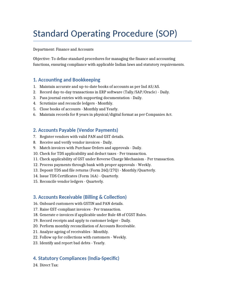 SOP Finance and Accounts India Compliance | PDF | Invoice | Business