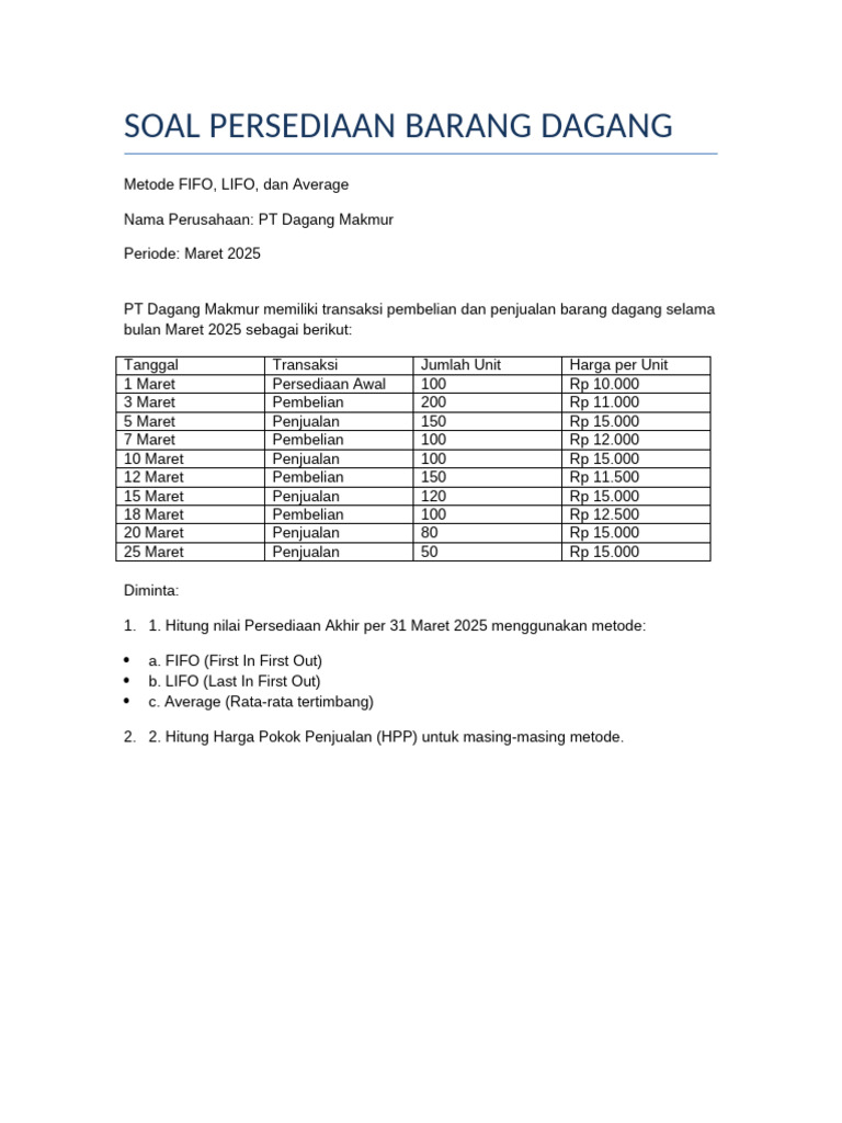 Soal Persediaan Barang Dagang FIFOLIFOAverage | PDF