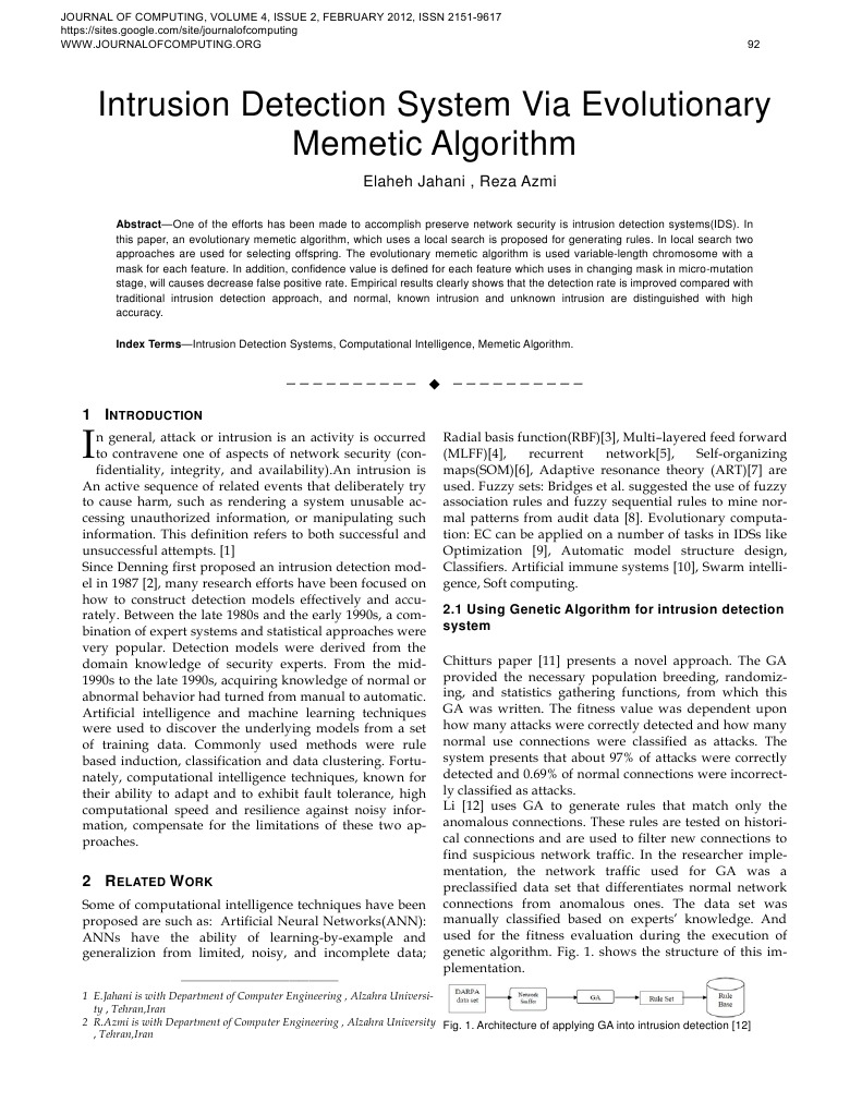 Intrusion Detection System Via Evolutionary Memetic Algorithm Pdf Genetic Algorithm