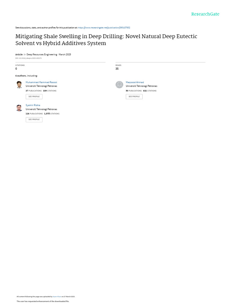 Mitigating shale swelling in deep drilling | PDF | Physical Chemistry | Materials