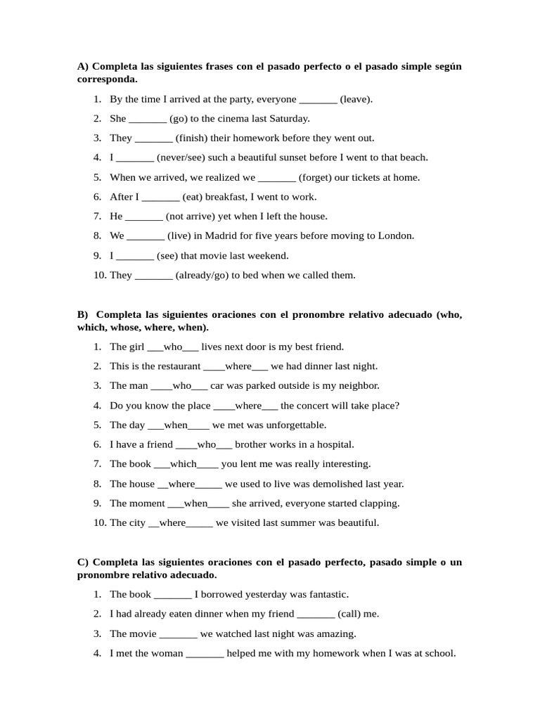 Ejercicios Relativos y Past Simp Part | PDF