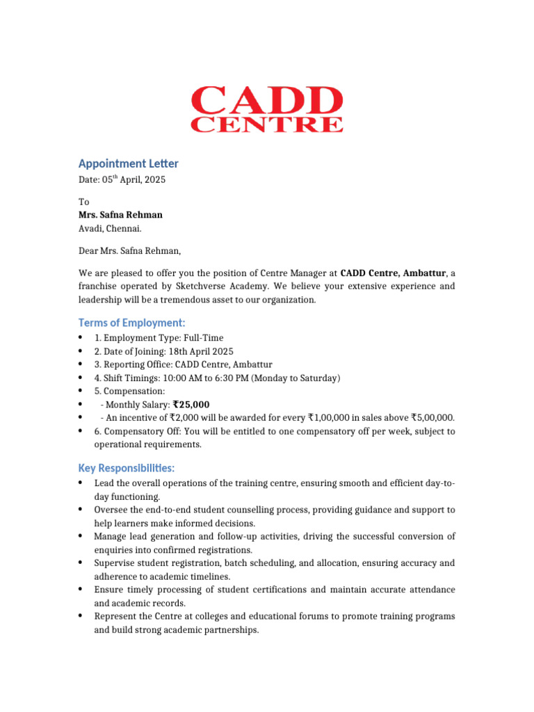 Appointment as Centre Manager | PDF | Social Psychology | Economies