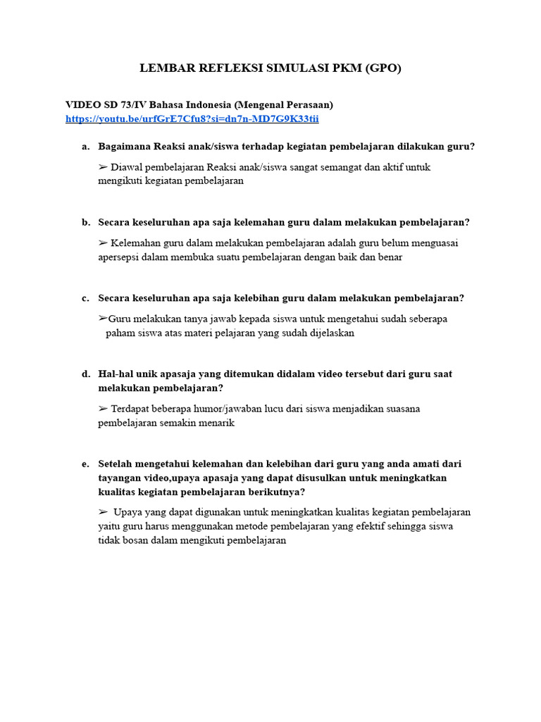 Lembar Refleksi Simulasi PKM 1 | PDF