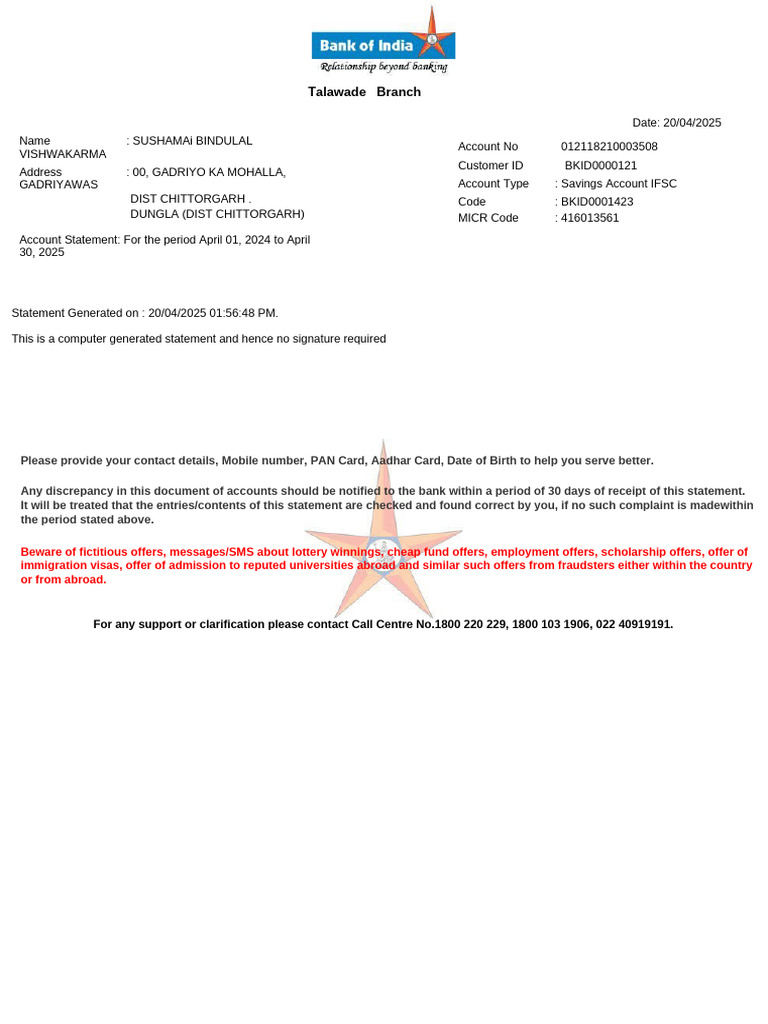 Bank of India Statement | PDF