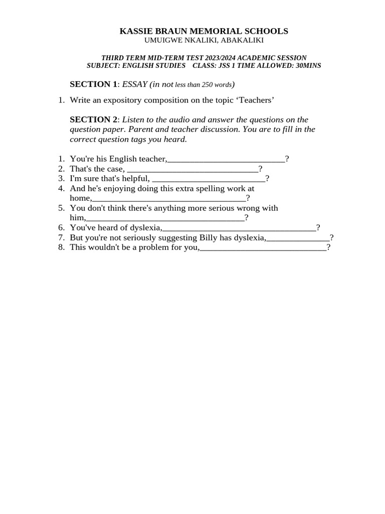 JSS 1 Midterm Test Third Term | PDF
