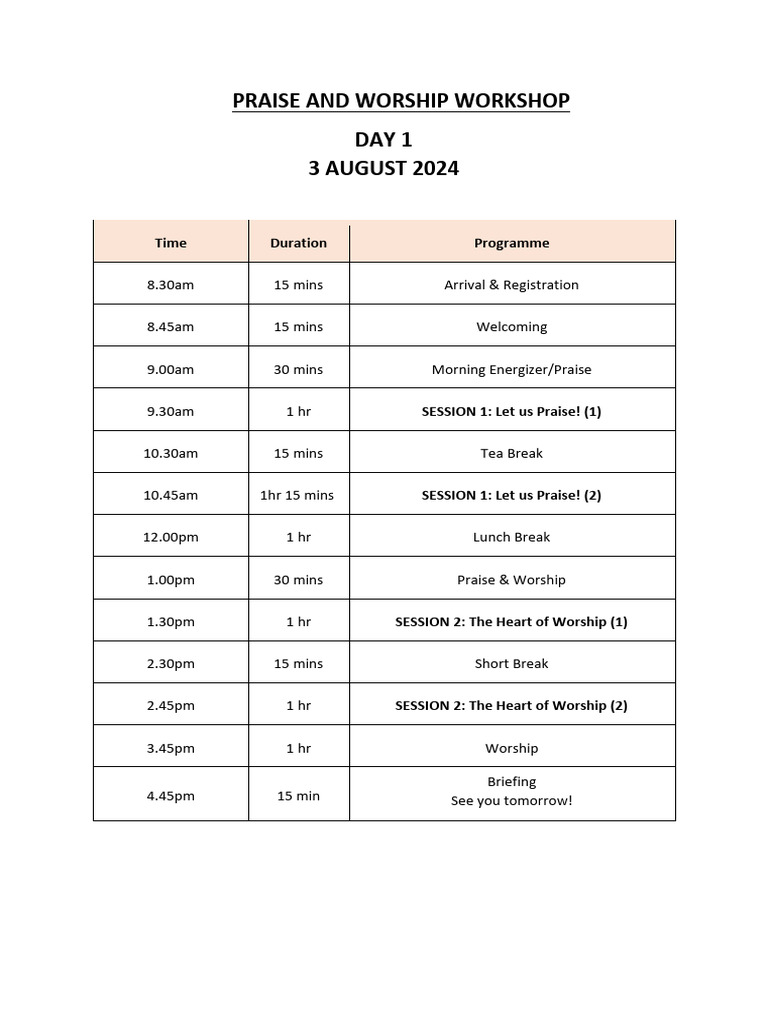 PRAISE AND WORSHIP WORKSHOP_Printable Schedule_updated 280724 | PDF