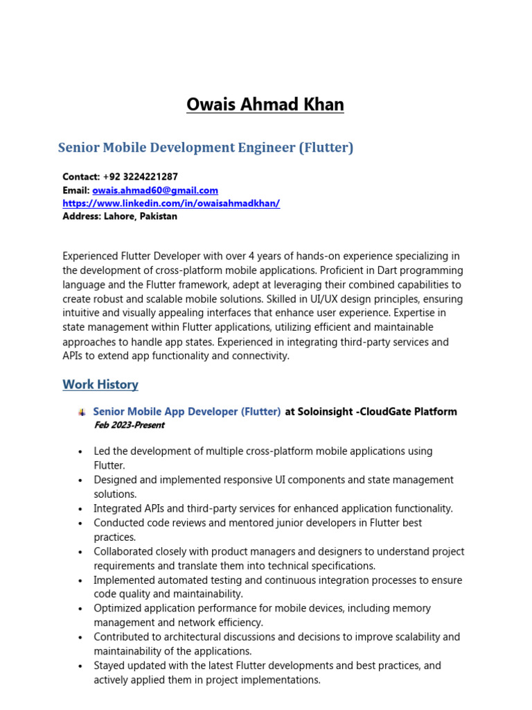 CV-Owais A Khan-Flutter Developer | PDF | Software Development | Mobile App