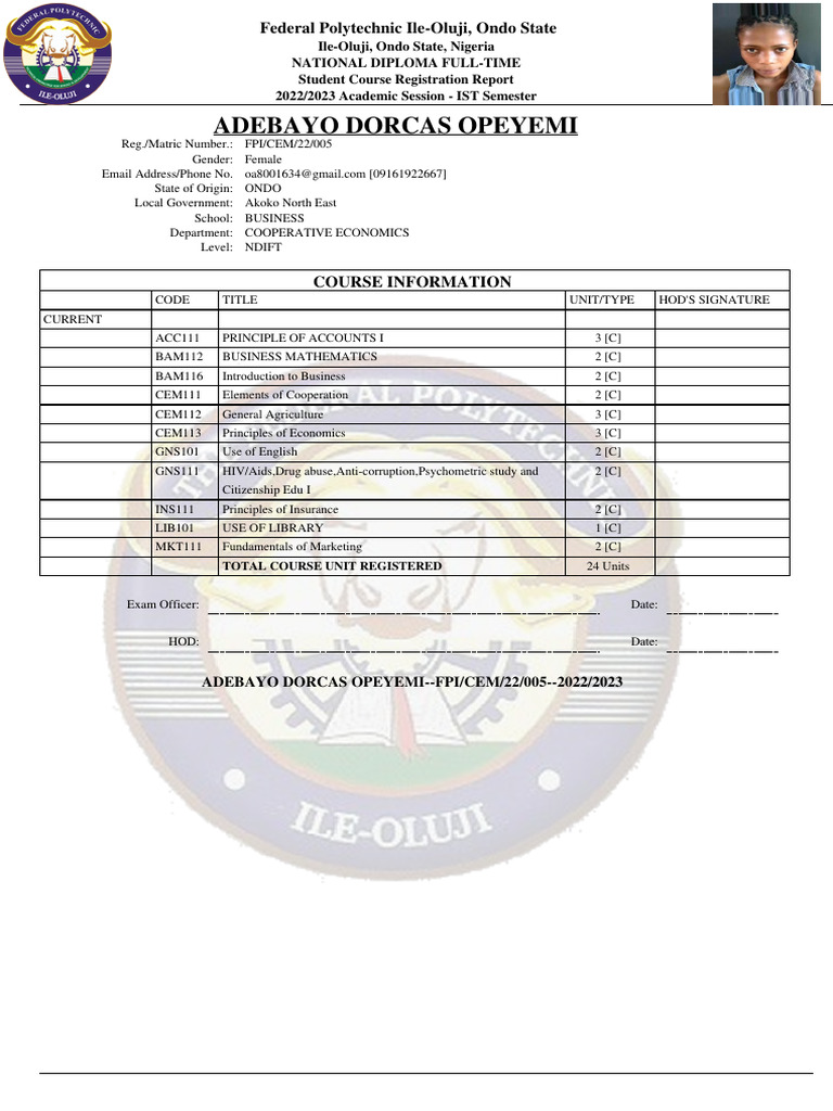 ADEBAYO DORCAS OPEYEMI Courseform | PDF