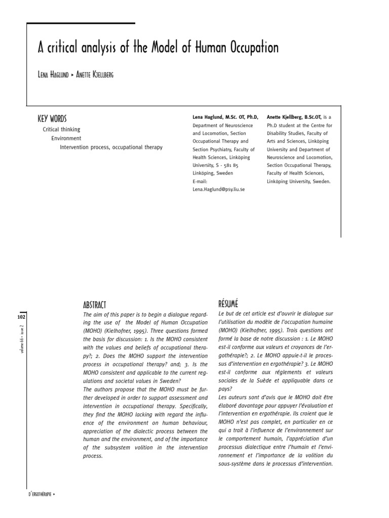 Critique of the Model of Human Occupation | PDF | Occupational Therapy ...