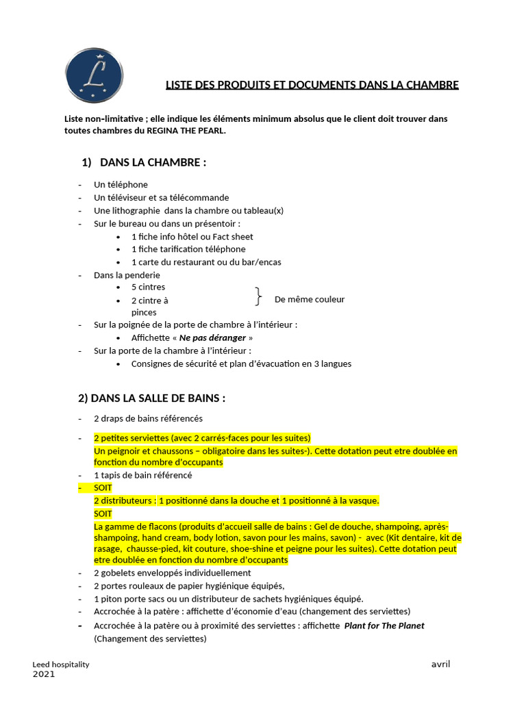 liste produits et documents dans la chambre | PDF | Assainissement ...