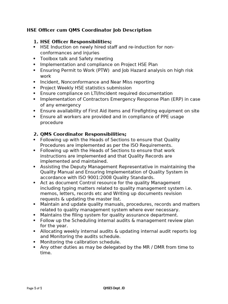 HSE Officer Cum QMS Coordinator JD | PDF