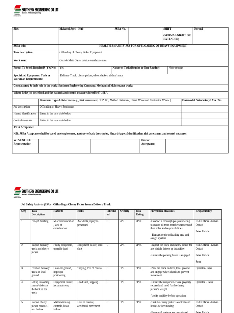 Job Safety Analysis - Offloading of Cherry Picker | PDF | Safety ...