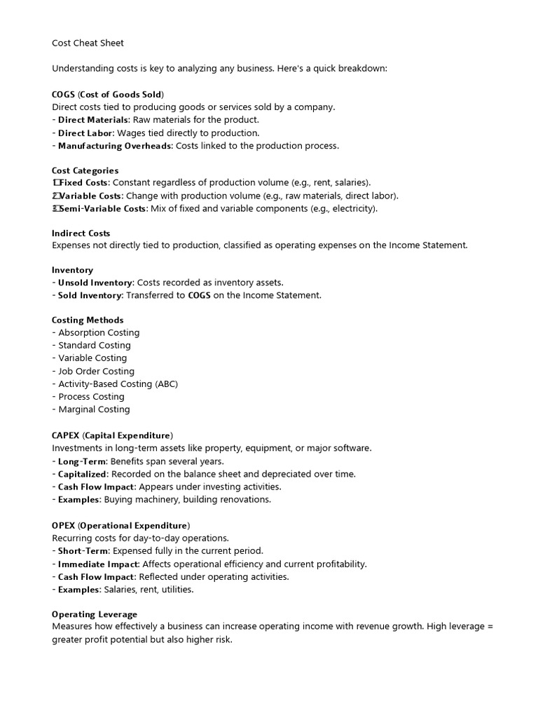Cost Sheet Cheat | PDF
