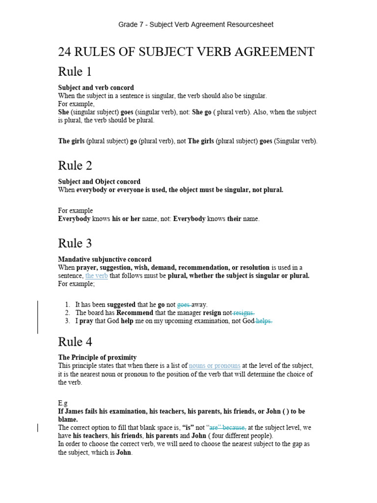 Grade 7 - Subject Verb Agreement Resource. | PDF | Grammatical Number ...