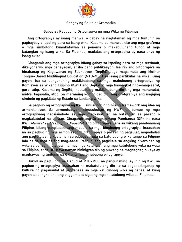 Ortograpiya Gabay Sa Pagbuo Ng Ortograpiya Ng Mga Wika | PDF