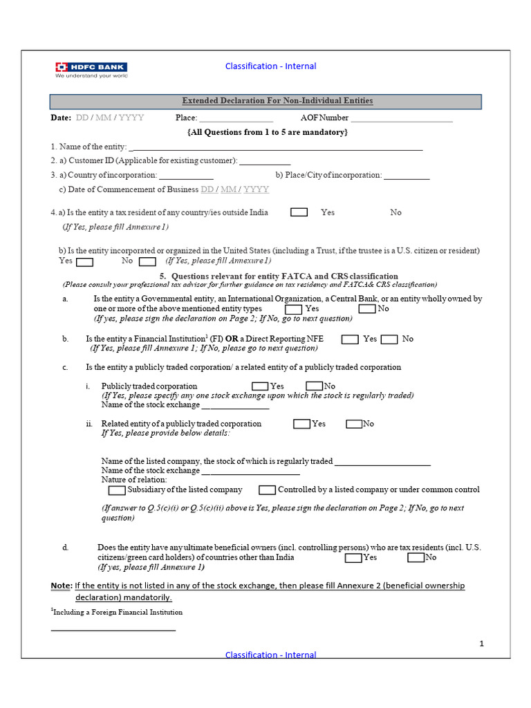 Revised FATCA Declaration - Non Individual. | PDF | Identity Document | Securities (Finance)