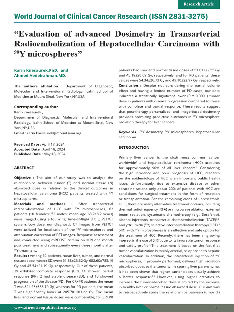 Evaluation of Advanced Dosimetry in Transarterial Radioembolization of Hepatocellular Carcinom ...