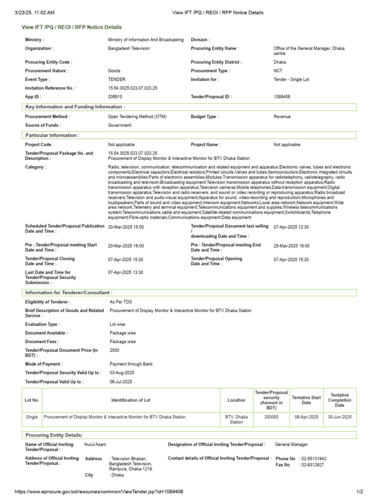 1 Tender Notice Monitor IFP | PDF | Radio | Television