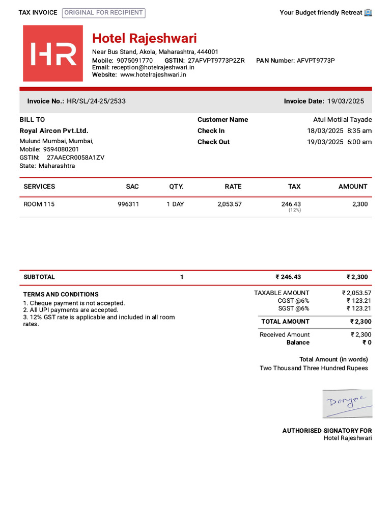 HR_SL_24-25_2533-sales_invoice-Royal_Aircon_Pvt.Ltd. | PDF | Taxation ...