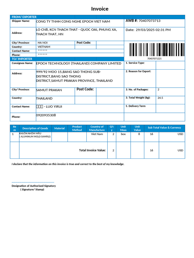 Aluminum Mold Sample Invoice | PDF