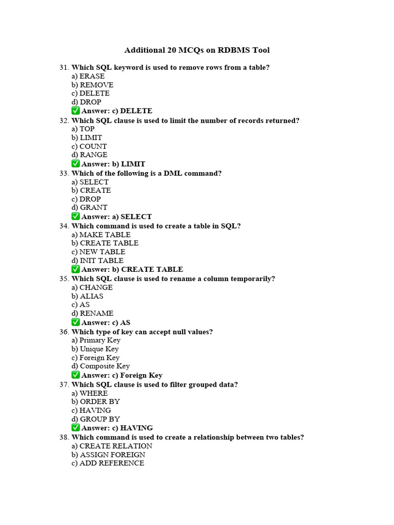 Additional 20 MCQs On RDBMS Tool | PDF | Sql | Data Management