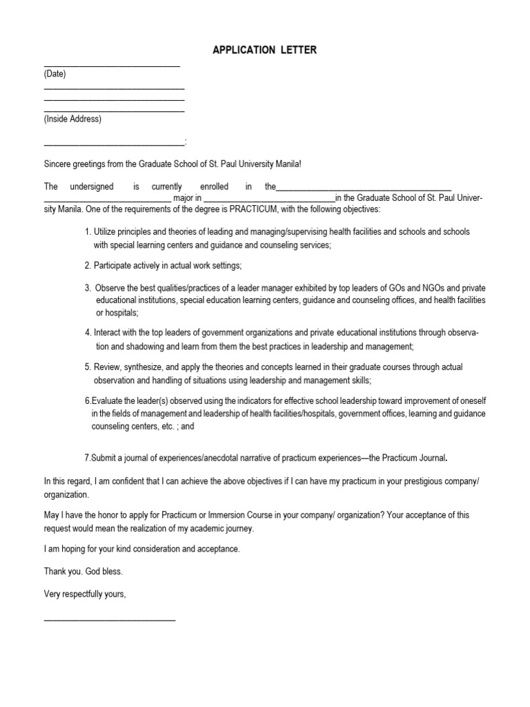 Practicum Application Letter Template | PDF | Leadership | Psychology