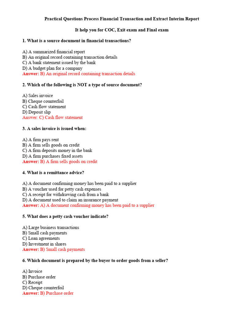 Financial Transaction Questions & Answers | PDF | Debits And Credits ...