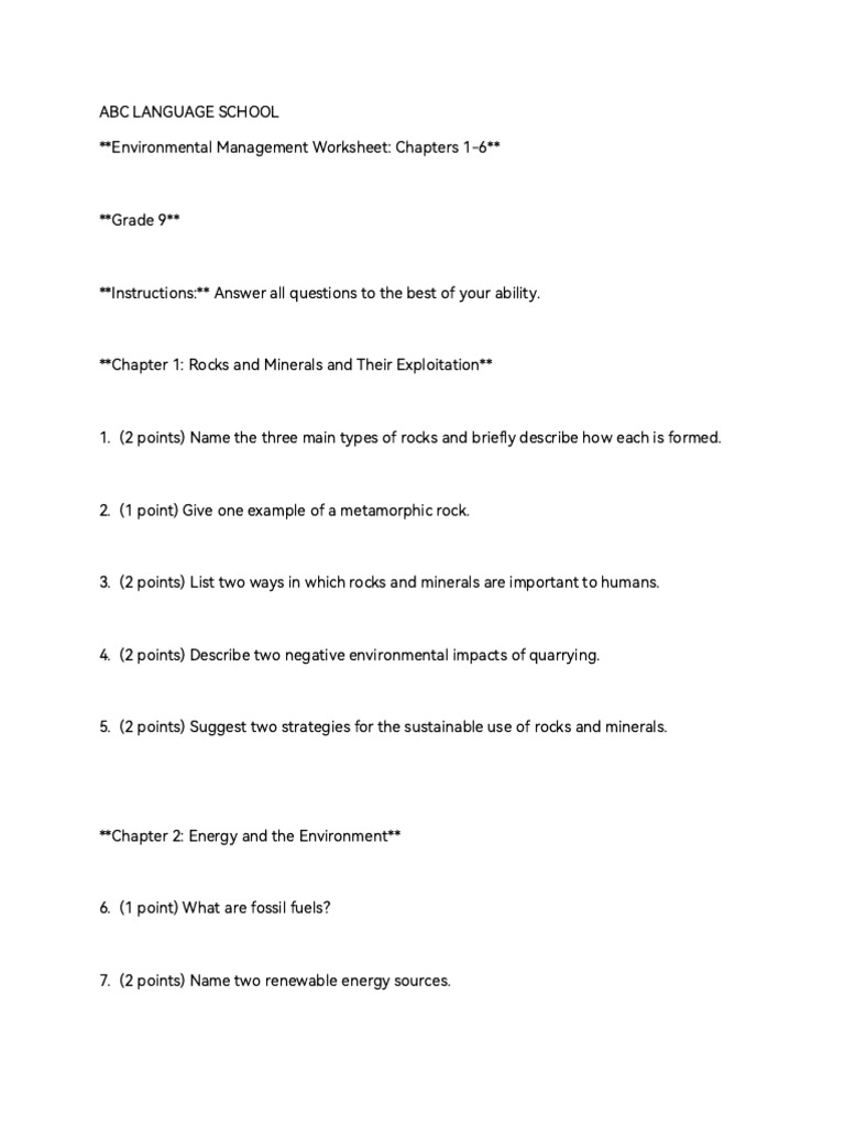 Grade 9 Environmental Management Worksheet | PDF | Rock (Geology) | Soil