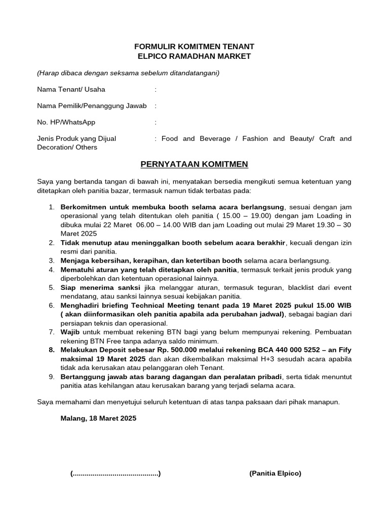 Formulir Komitmen Tenant Bazaar | PDF
