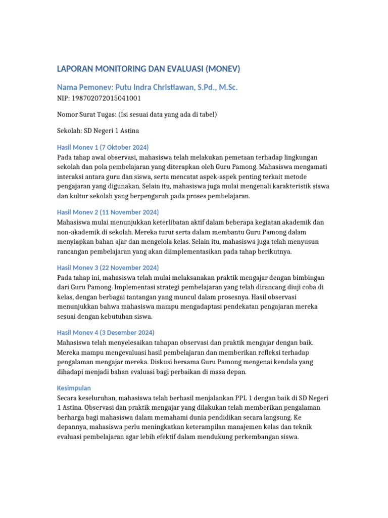Laporan Monev PPL-2 | PDF
