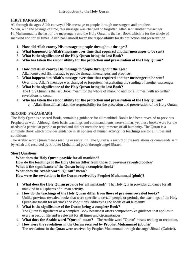 FINAL Introduction To The Holy Quran CHAPTER 1 FOR CLASS VI | PDF ...