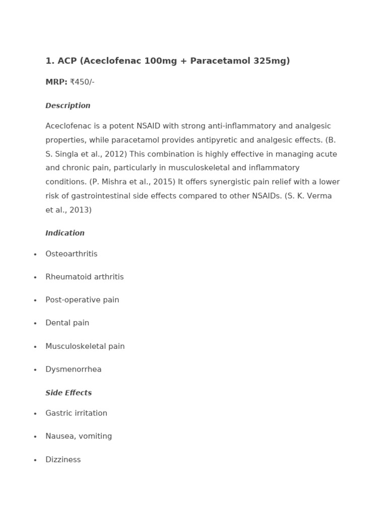 ACP (Aceclofenac 100mg + Paracetamol 325mg) : Description | PDF ...