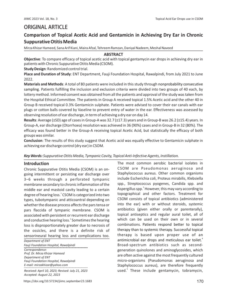 Acetic Acid vs Gentamicin for CSOM Treatment | PDF | Medical Specialties