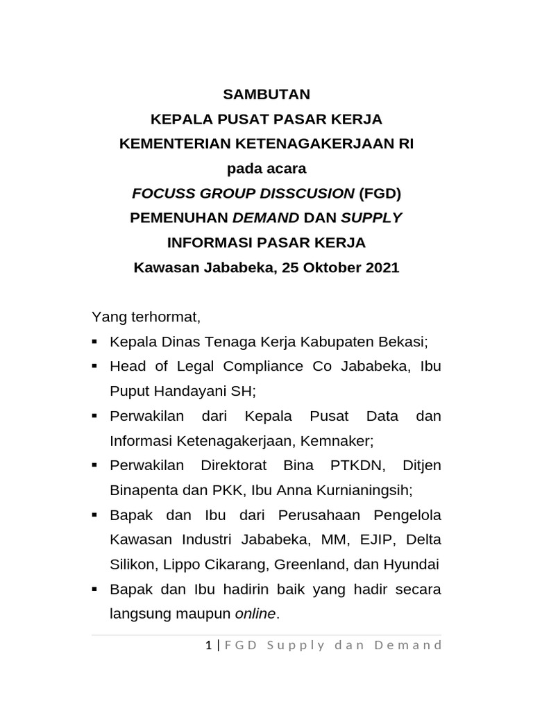 Draft Sambutan FGD Jababeka | PDF