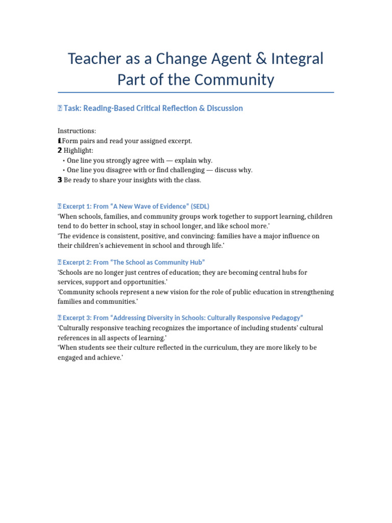 Teacher As Change Agent Reading Task | PDF